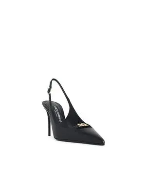 Dolce & Gabbana Leather Slingback Stiletto Heels With Metal Logo - Black
