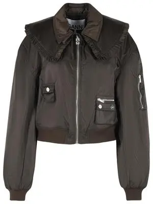 GANNI Polyamide Bomber Jacket With Large Removable Collar - Brown