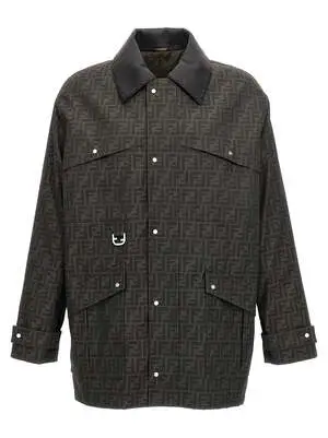 Fendi Ff Jacquard Waxed Fabric Jacket With Leather Collar - Brown