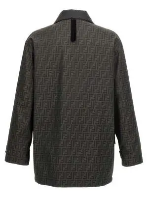 Fendi Ff Jacquard Waxed Fabric Jacket With Leather Collar - Brown