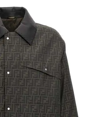 Fendi Ff Jacquard Waxed Fabric Jacket With Leather Collar - Brown