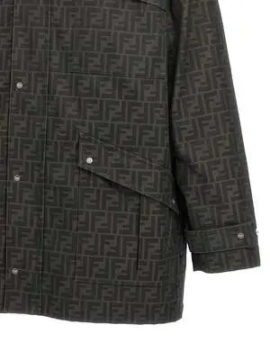 Fendi Ff Jacquard Waxed Fabric Jacket With Leather Collar - Brown