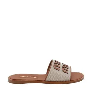 Miu Miu Fabric And Leather Logo Slides - Cream