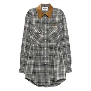 Miu Miu Miu Miu Grey Checkered Cotton Dress With Corduroy Collar Gray