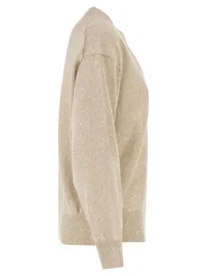 Brunello Cucinelli Long Sleeve Sequined V-neck Jumper - Cream