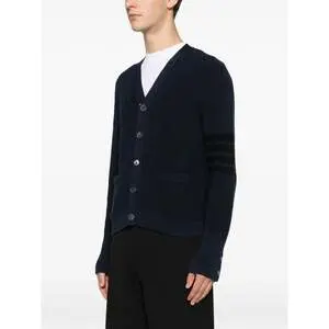 Thom Browne Navy Cotton V-neck Cardigan With Side Stripes - Blue