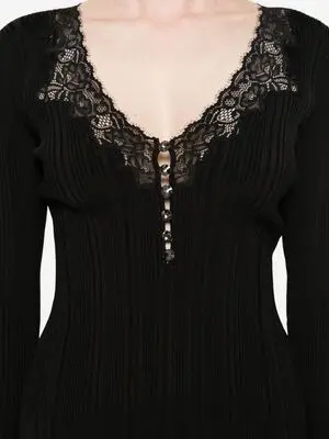 SELF-PORTRAIT Ribbed Lace Trim V-neck Sweater - Multicolor