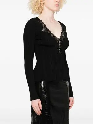 SELF-PORTRAIT Ribbed Lace Trim V-neck Sweater - Multicolor