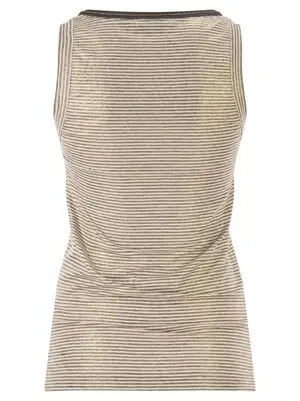 Brunello Cucinelli Linen Striped Crew Neck Top With Contrasting Trim And Necklace Detail