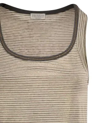 Brunello Cucinelli Linen Striped Crew Neck Top With Contrasting Trim And Necklace Detail