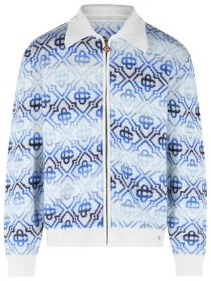 Casablanca Light Wool Blend Zip-up Sweater With Monogram Pattern - Blue