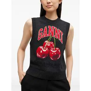 GANNI Sleeveless Knit Top With Cherry Detail - Gray