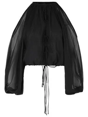 Andamane Silk Blouse With Lace Neck Closure And Wide Sleeves - Black