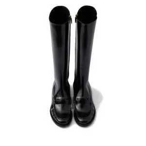 Prada Knee High Loafer Boots With Side Zip In Leather