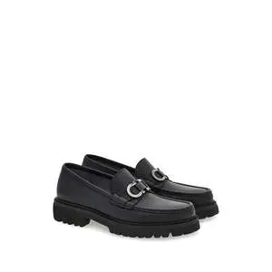 FERRAGAMO Calf Leather Gancini Buckle Loafers - Black