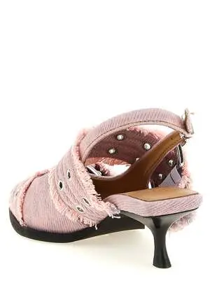 GANNI Feminine Buckle Fringed Denim Slingback - Pink