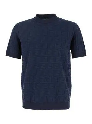 Fendi Blue T-shirt With All-over Ff Logo Embroidery In Cotton For - Multicolor