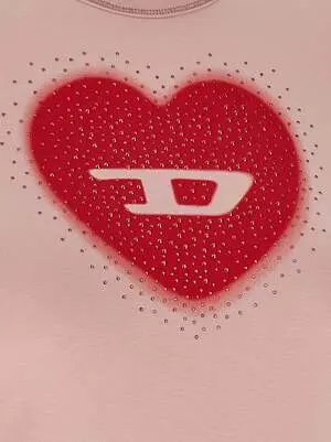 DIESEL® T-uncuties-long-s5" Cotton Stretch Jersey T-shirt With Rhinestone Embellished Heart Logo - Pink