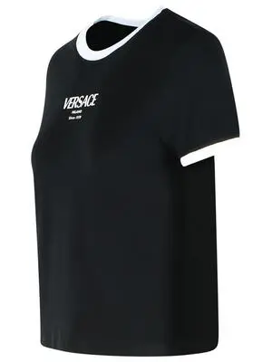 Versace Ribbed Viscose T-shirt With Contrast Logo - Black