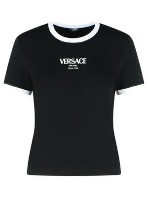 Versace Ribbed Viscose T-shirt With Contrast Logo - Black