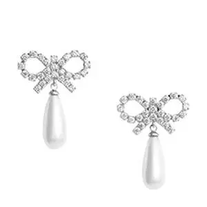 SELF-PORTRAIT Crystal Bow Pearl Drop Earrings - Silver