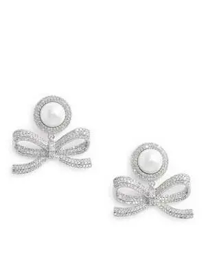 SELF-PORTRAIT Crystal And Faux Pearl Bow Dangle Earrings - Silver