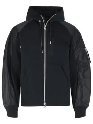 Sacai Cotton Blend Zip-up Hoodie With Grosgrain Details - Black