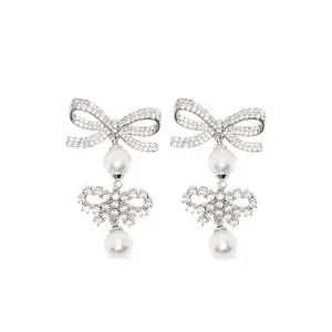 SELF-PORTRAIT Tone Double Bow Pearl Detail Drop Earrings - Silver