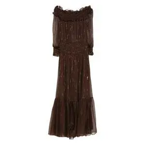 SELF-PORTRAIT Off-shoulder Maxi Dress With Metallic Stripes - Brown