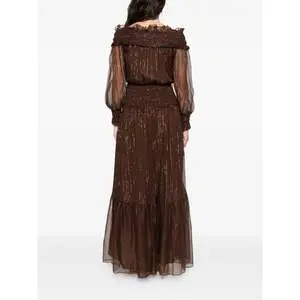 SELF-PORTRAIT Off-shoulder Maxi Dress With Metallic Stripes - Brown