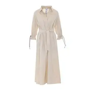 Max Mara Max Mara Mirto Dress - Long Sleeve V-Neck Pleated Belted Cotton Dress Cream