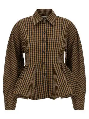 GANNI GANNI Crinkled Check Print Taffeta Blouse Brown