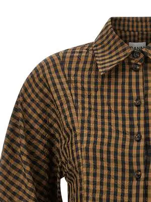 GANNI Crinkled Check Print Taffeta Blouse - Brown