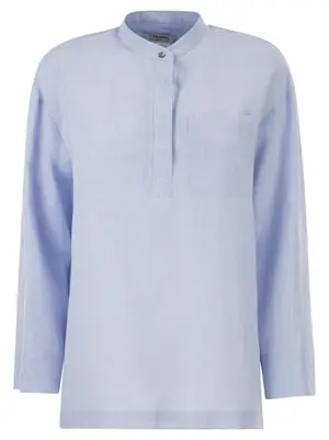 Max Mara S Washed Linen Shirt With Mandarin Collar And Patch Pocket - Blue