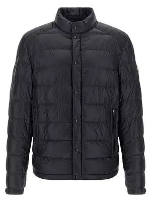 Moncler Quilted Down Jacket With High Neck And Logo Patch - Blue