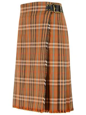 Burberry Wool Kilt With Check Pattern And Leather Straps - Orange