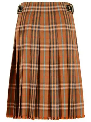 Burberry Wool Kilt With Check Pattern And Leather Straps - Orange