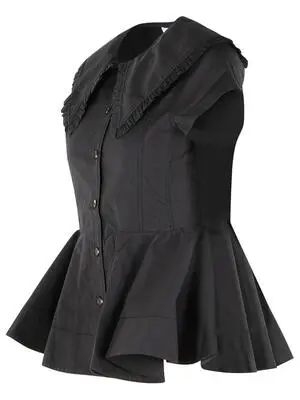GANNI Cotton Shirt With Wide Rounded Collar And Short Sleeves - Black
