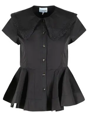 GANNI Cotton Shirt With Wide Rounded Collar And Short Sleeves - Black