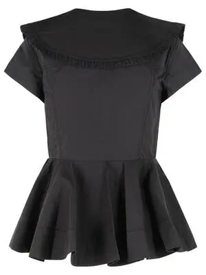 GANNI Cotton Shirt With Wide Rounded Collar And Short Sleeves - Black