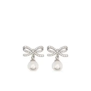 SELF-PORTRAIT Crystal Embellished Bow And Faux Pearl Drop Earrings - Silver