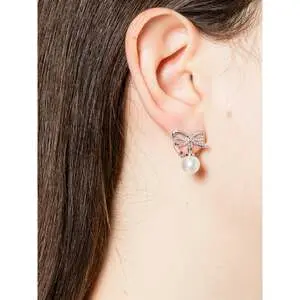 SELF-PORTRAIT Crystal Embellished Bow And Faux Pearl Drop Earrings - Silver