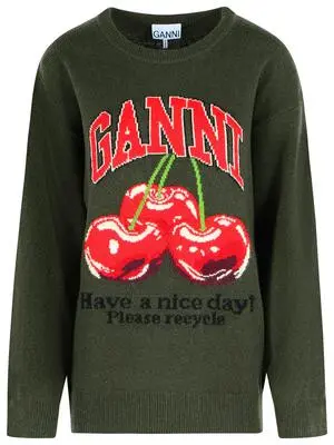 GANNI Wool Blend Sweater With Cherry Pattern - Green