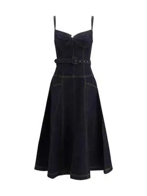 SELF-PORTRAIT Denim Flared Midi Dress - Blue