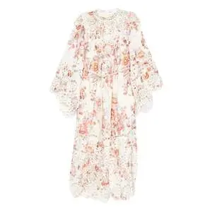 Zimmermann Ivory Floral Print Lace Detailed Linen Dress - Cream