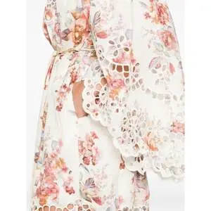 Zimmermann Ivory Floral Print Lace Detailed Linen Dress - Cream
