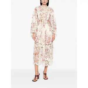 Zimmermann Ivory Floral Print Lace Detailed Linen Dress - Cream