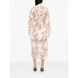Zimmermann Ivory Floral Print Lace Detailed Linen Dress - Cream