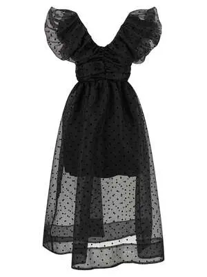 GANNI Organza Ruched Midi Dress With Polka Dot Print