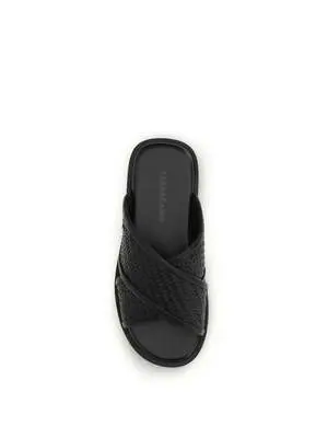 FERRAGAMO Gancini Woven Leather Sandals - Black